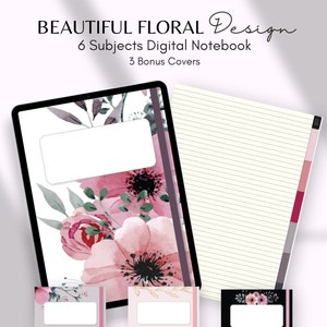 6 Subjects Floral Digital Notebook Beautiful Digital Notebook Goodnotes ...