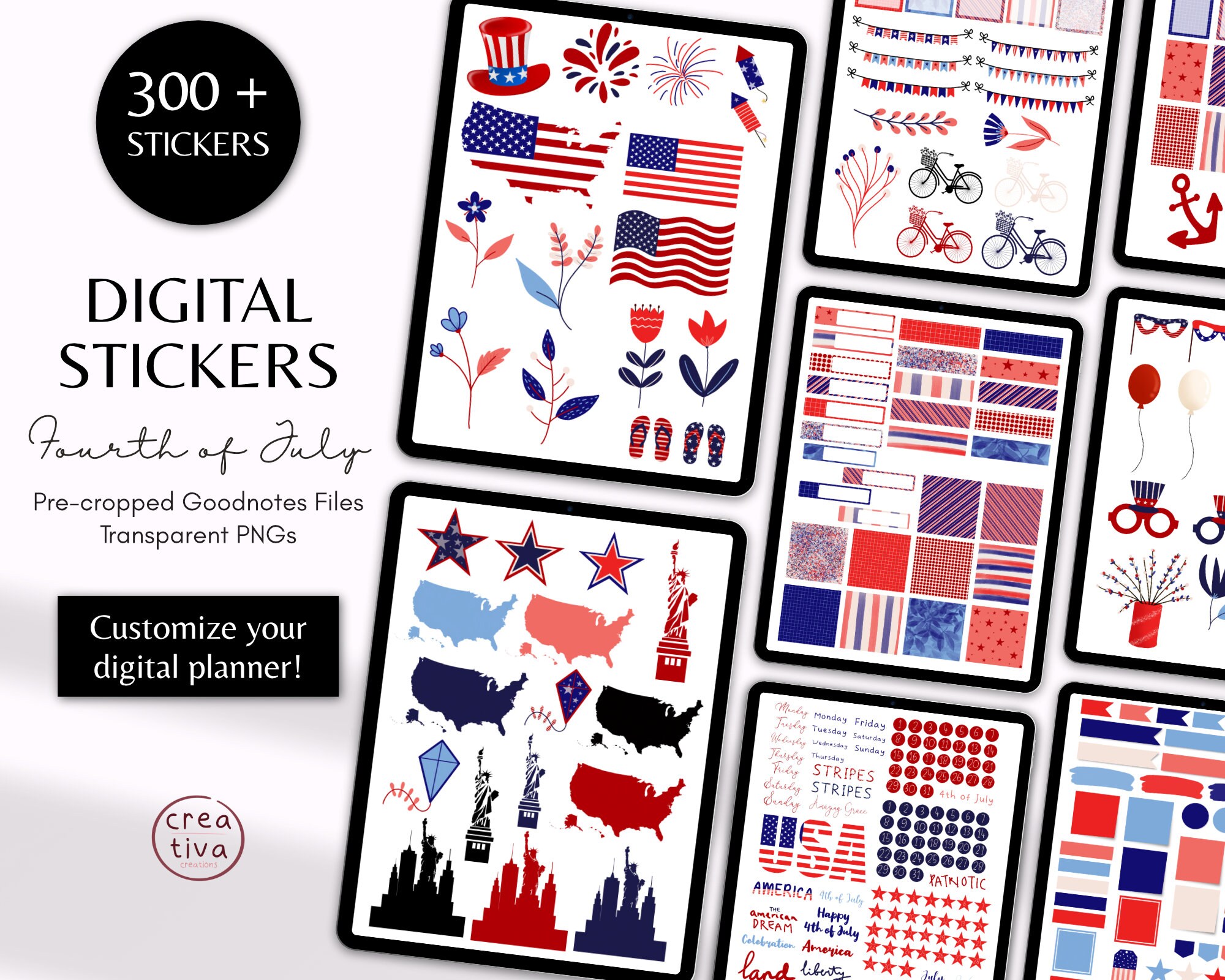 300 4th of July Digital Planner Sticker Set Patriotic Independence Day ...