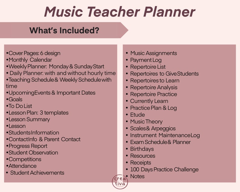 Music Teacher Planner Printable Musician Journal Piano Violin Guitar ...