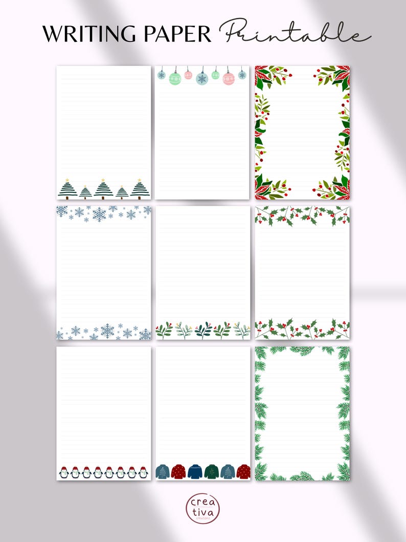Christmas Lined Writing Paper Printable Stationery | 10 Designs | A4 ...