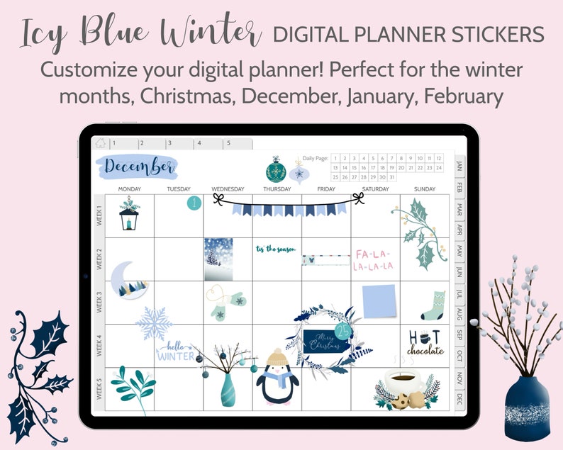 300 Winter Digital Planner Sticker Set Icy Blue December - Etsy
