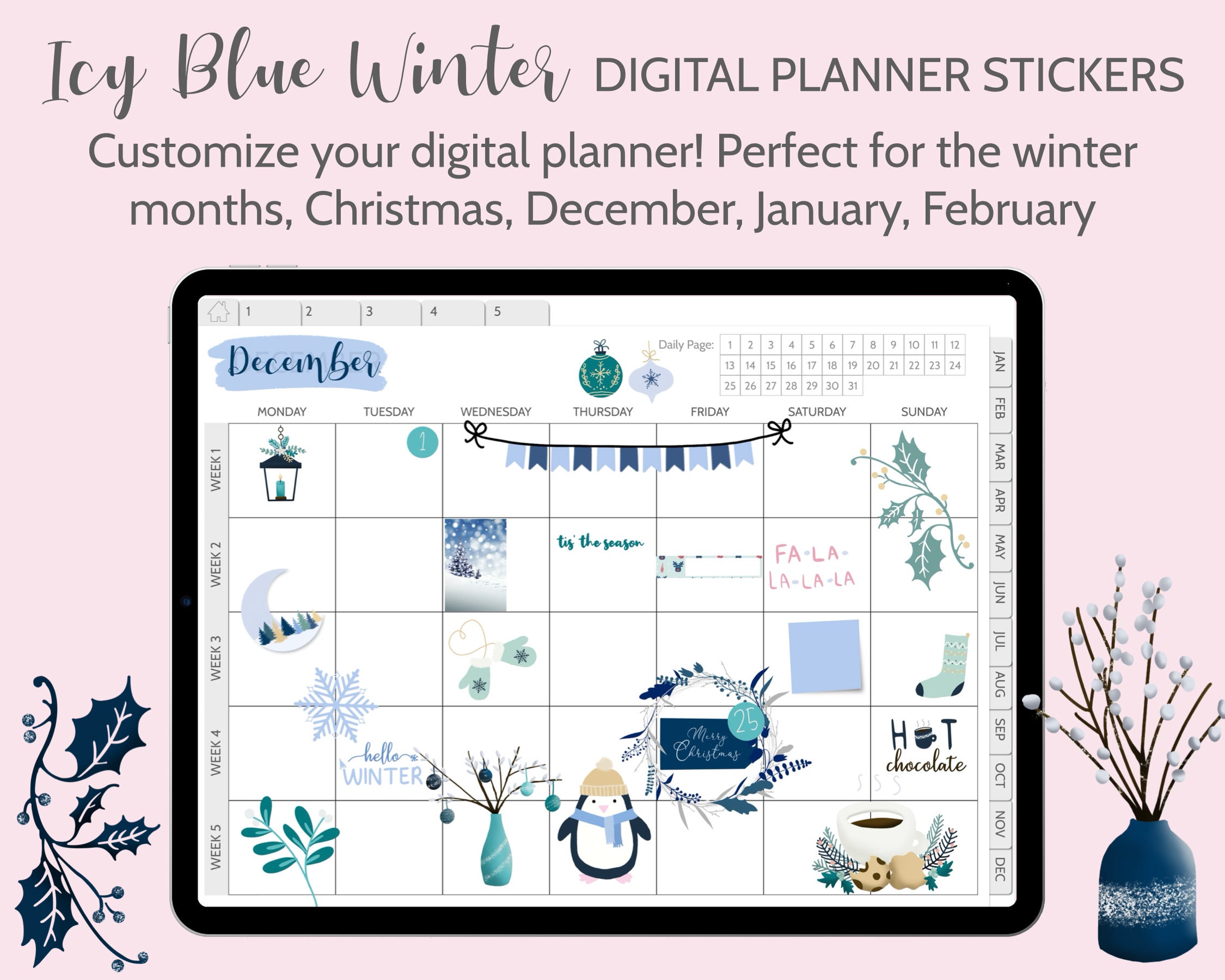 300 Winter Digital Planner Sticker Set Icy Blue December | Etsy