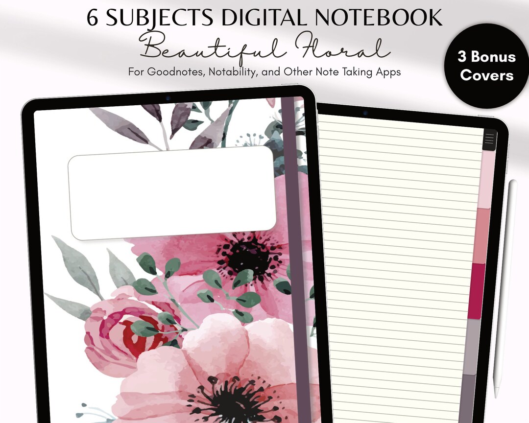 6 Subjects Floral Digital Notebook Beautiful Digital Notebook Goodnotes ...