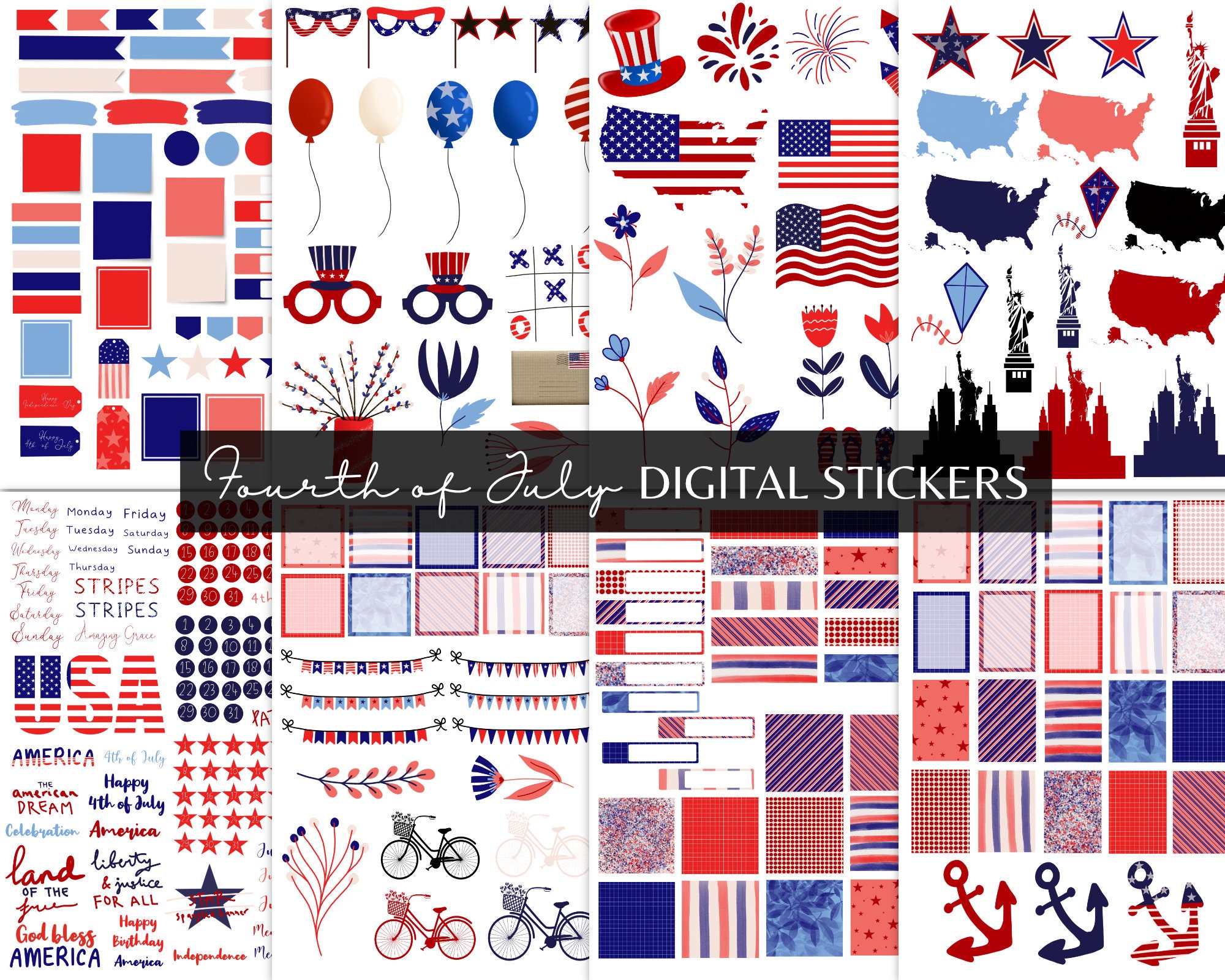 300 4th of July Digital Planner Sticker Set Patriotic Independence Day ...