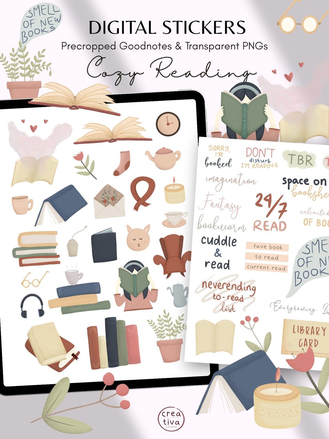 Book Lover Bookworm Digital Stickers Set Reading Digital Reading ...
