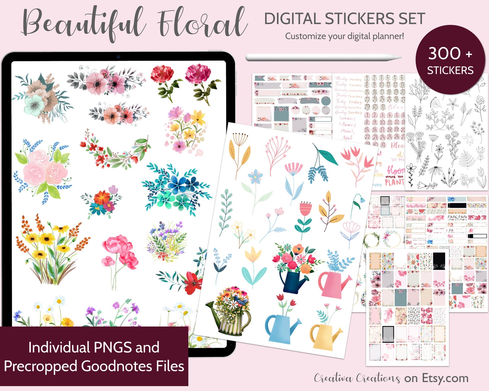 300 Beautiful Floral Digital Planner Sticker Set Spring - Etsy