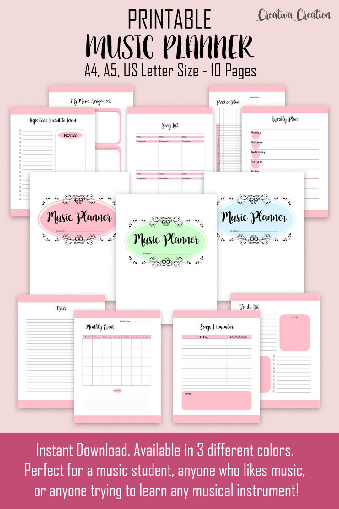 MUSIC PLANNER PRINTABLE, Practice Plan, Printable Planner, Music ...