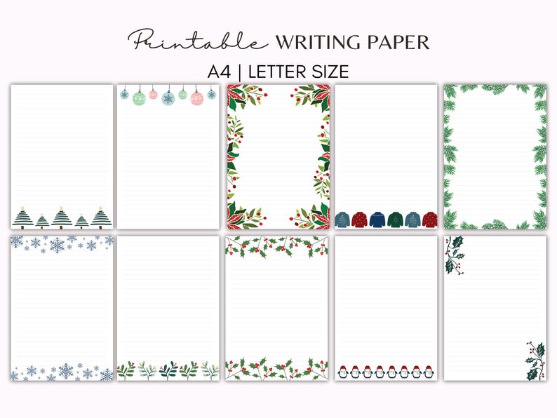 Christmas Lined Writing Paper Printable Stationery | 10 Designs | A4 ...