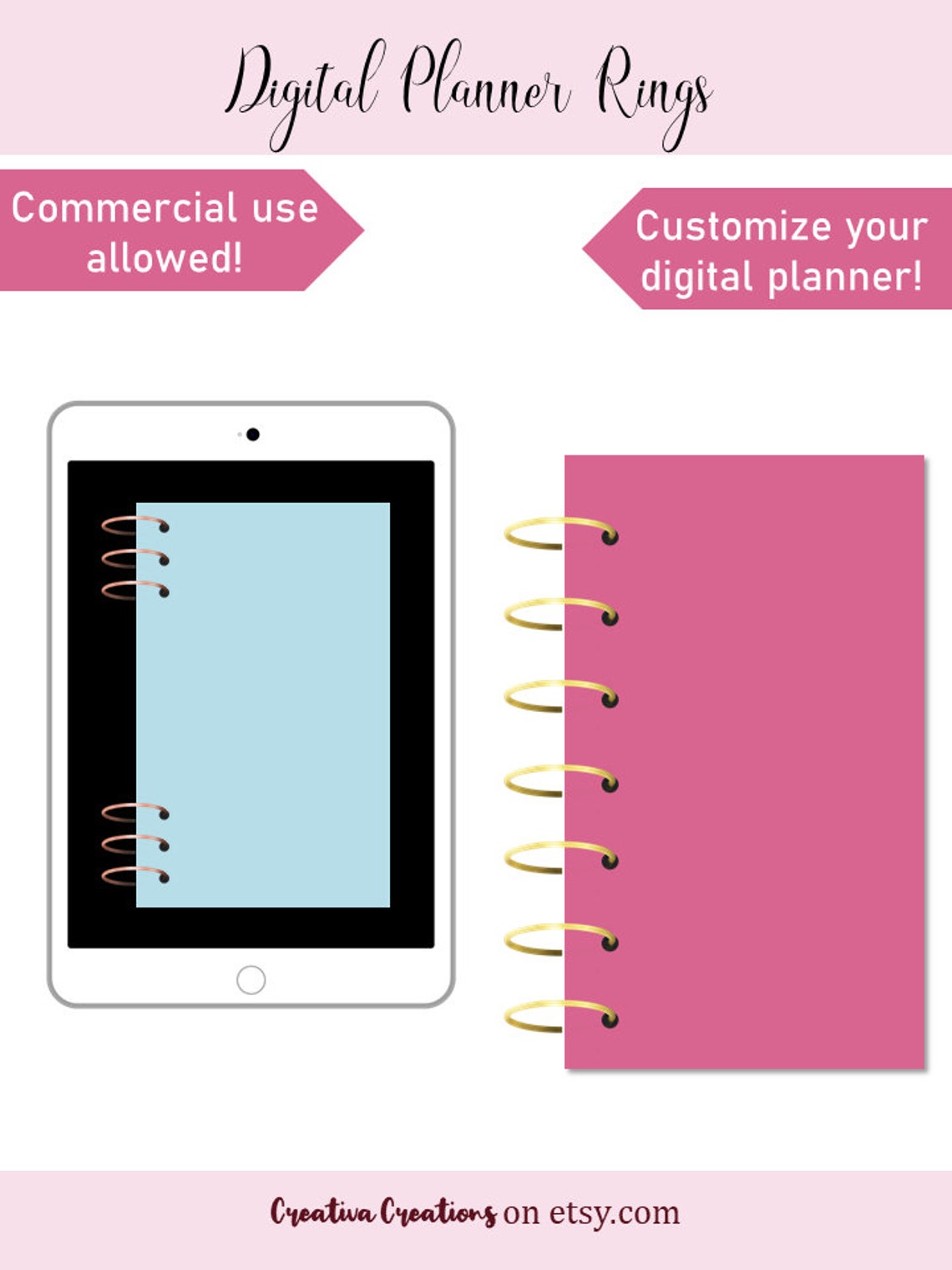 Digital Planner Rings Rosegold Gold Silver Metallic Realistic Digital ...