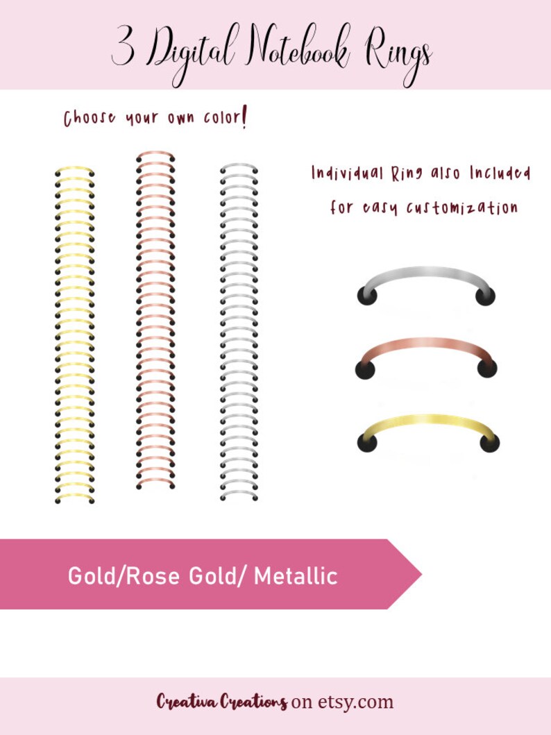Digital Planner Rings | Rosegold Gold Silver Metallic Realistic Digital ...