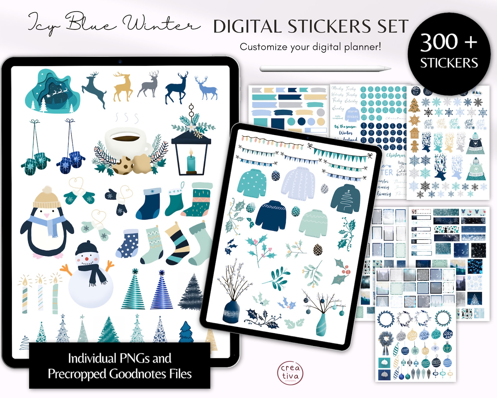 300 Winter Digital Planner Sticker Set Icy Blue December January ...