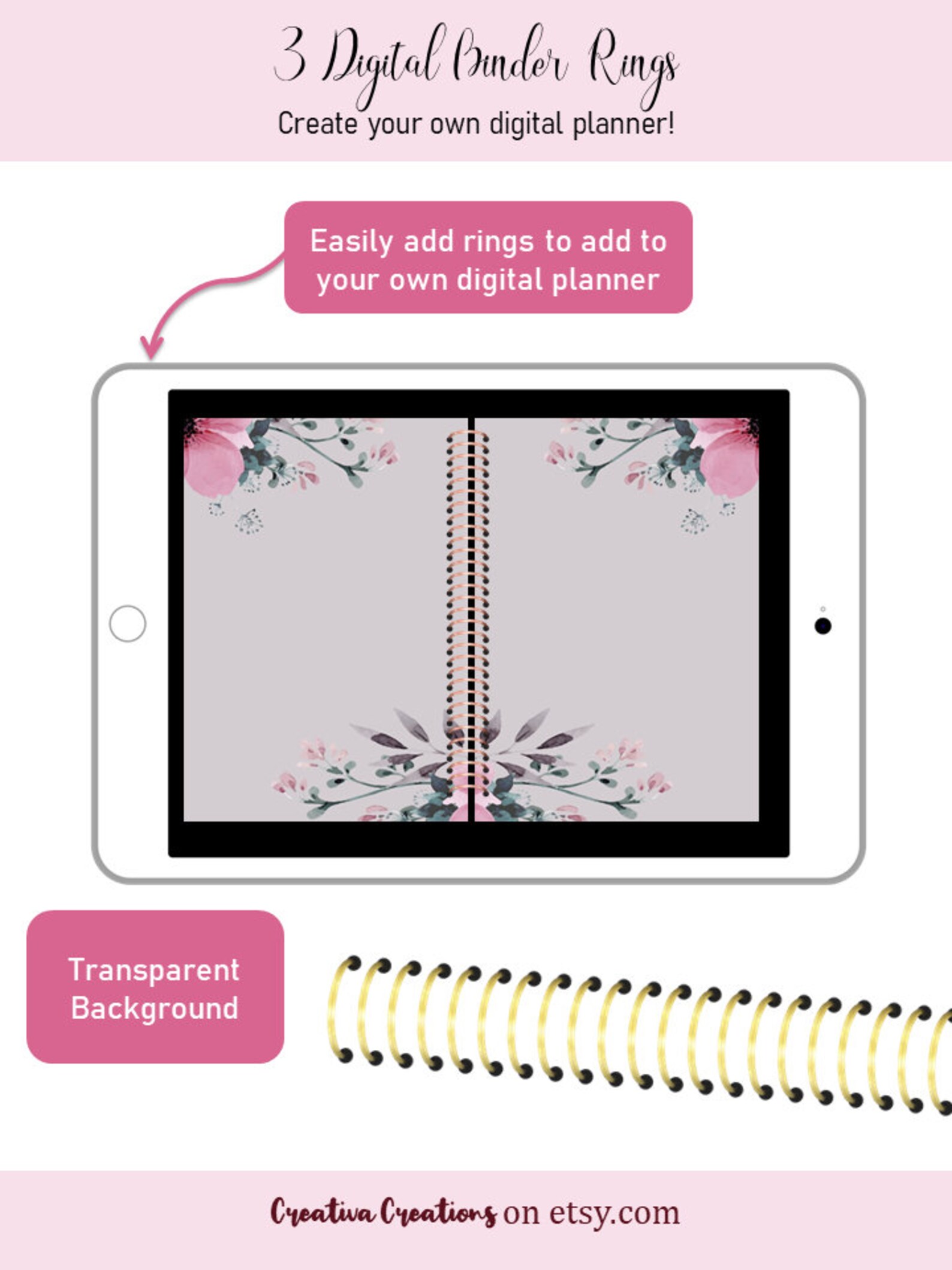 Digital Planner Rings | Rosegold Gold Silver Metallic Realistic Digital ...