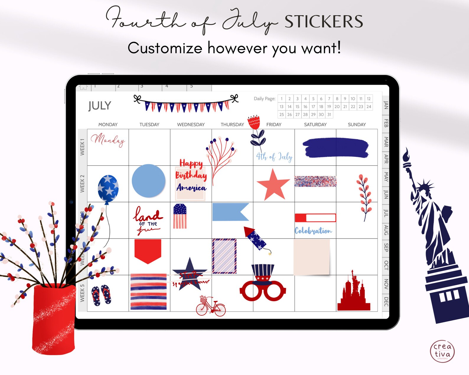 300 4th of July Digital Planner Sticker Set Patriotic Independence Day ...