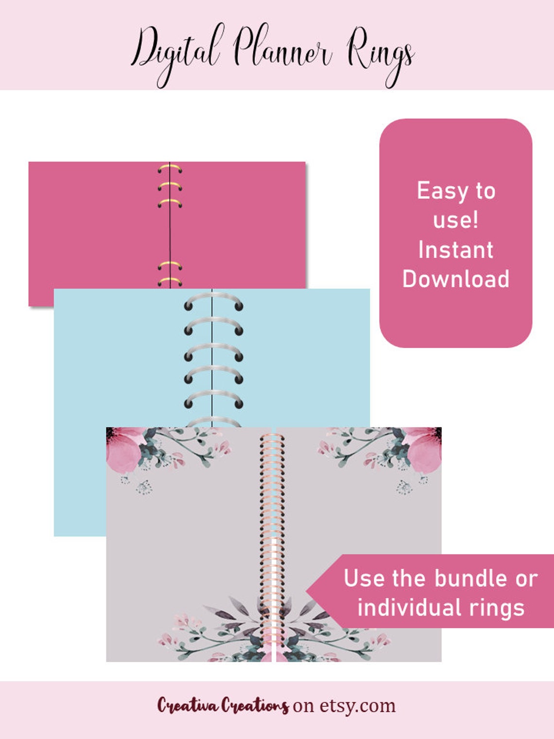 Digital Planner Rings | Rosegold Gold Silver Metallic Realistic Digital ...