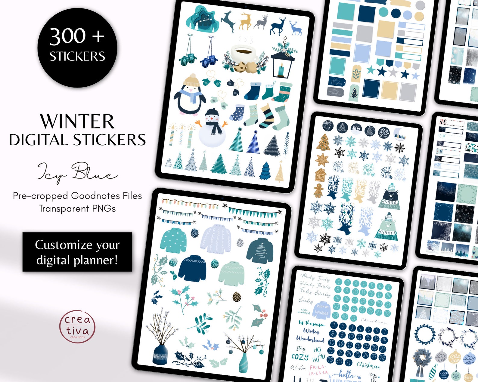 300 Winter Digital Planner Sticker Set Icy Blue December January ...