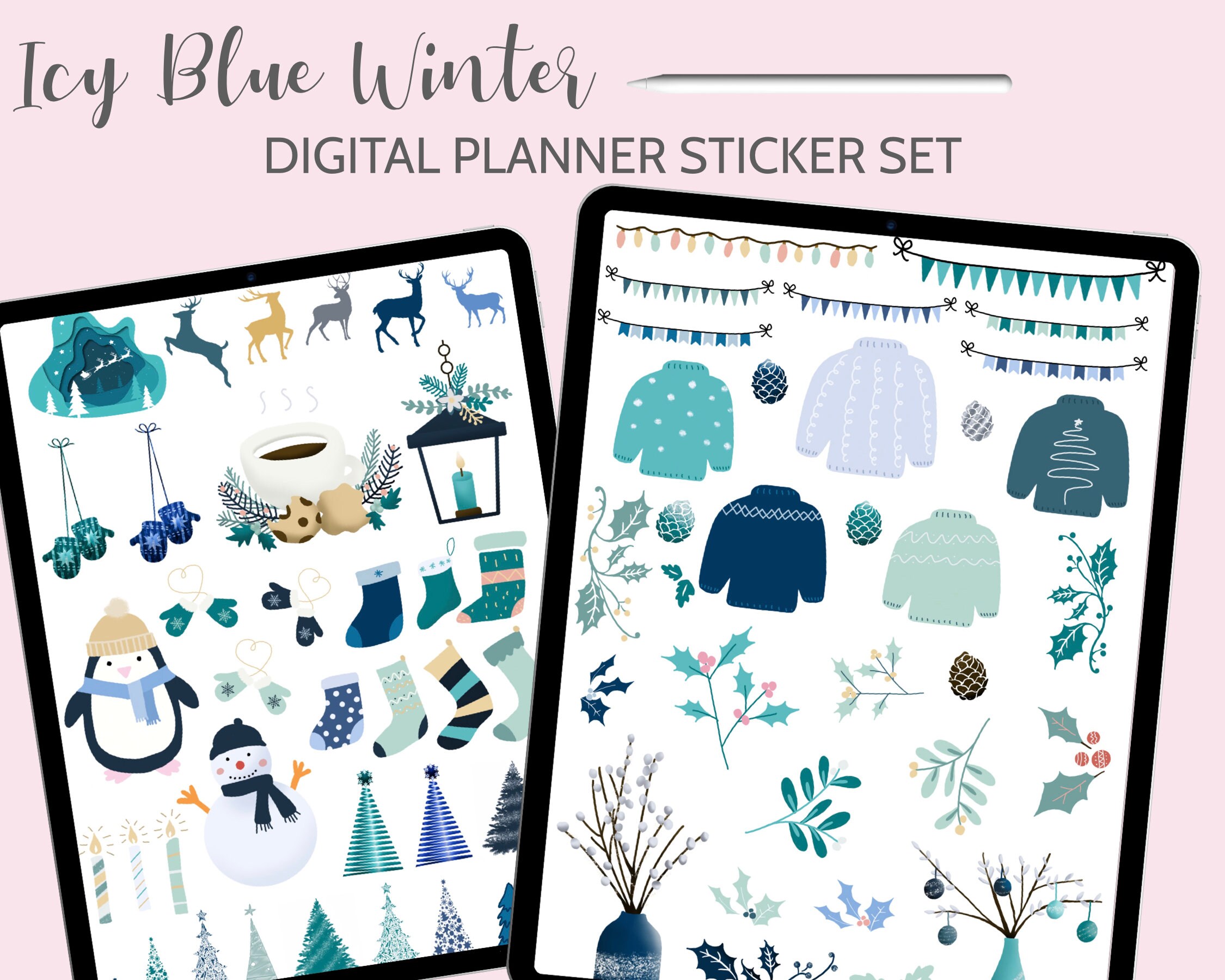 300 Winter Digital Planner Sticker Set Icy Blue December | Etsy