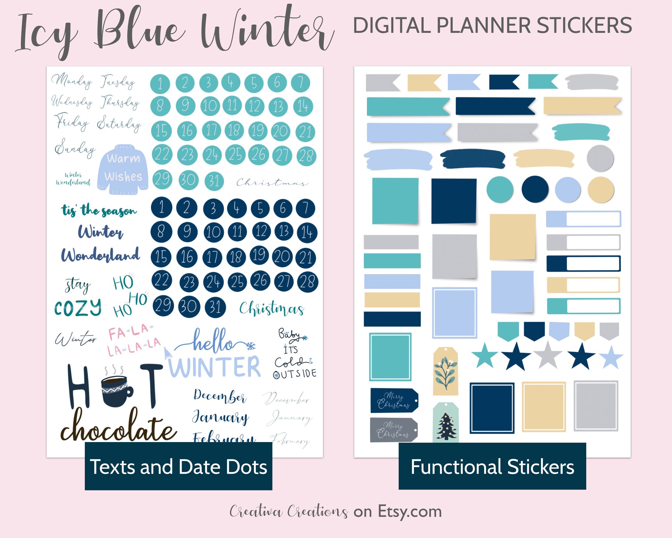 300 Winter Digital Planner Sticker Set Icy Blue December | Etsy