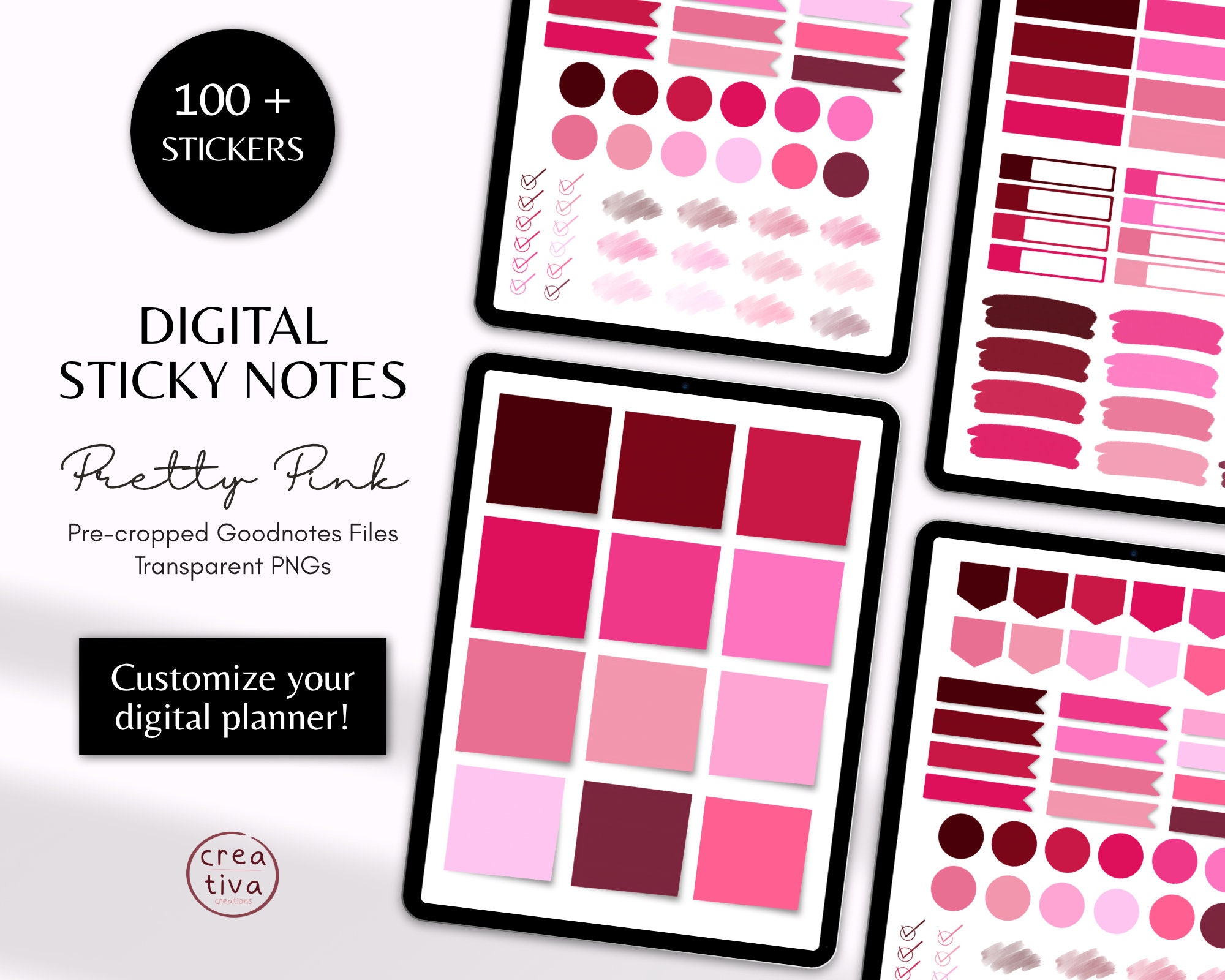 100 Digital Sticky Notes Set 12 Pretty Pink Colors Precropped Goodnotes ...