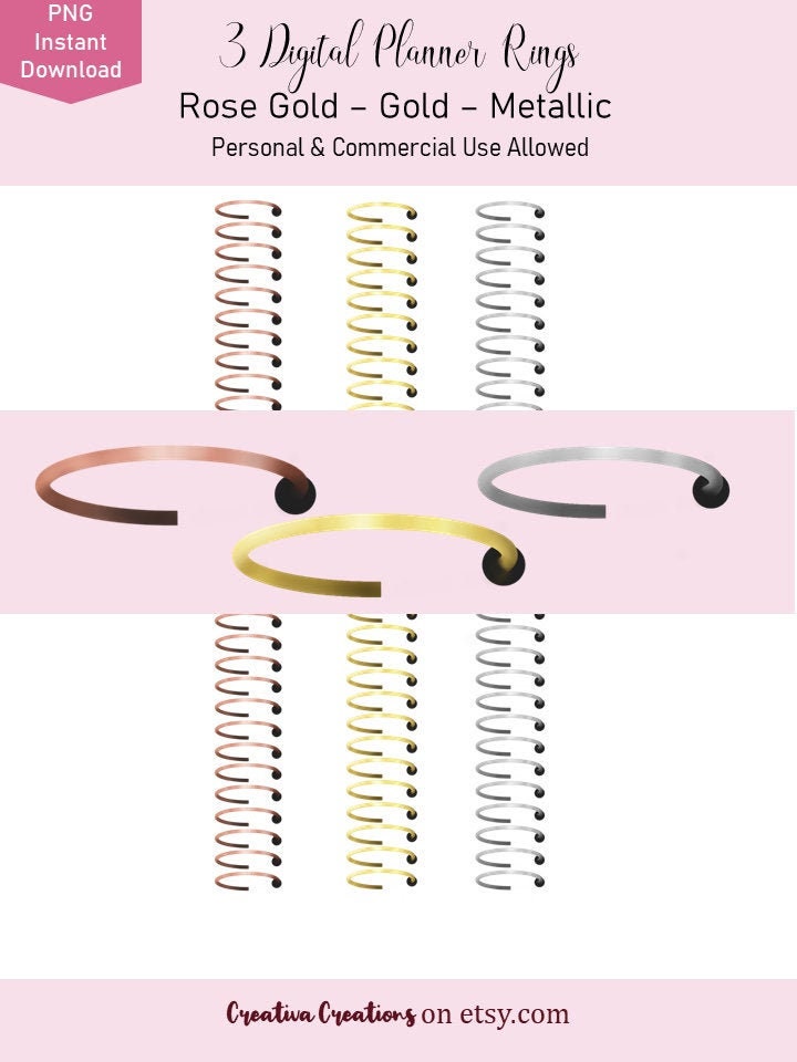 Digital Planner Rings Rosegold Gold Silver Metallic Realistic Digital ...