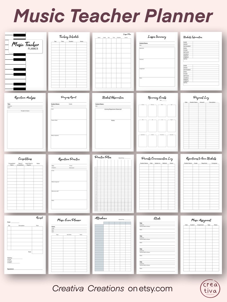 Music Teacher Planner Printable Musician Journal Piano Violin Guitar ...