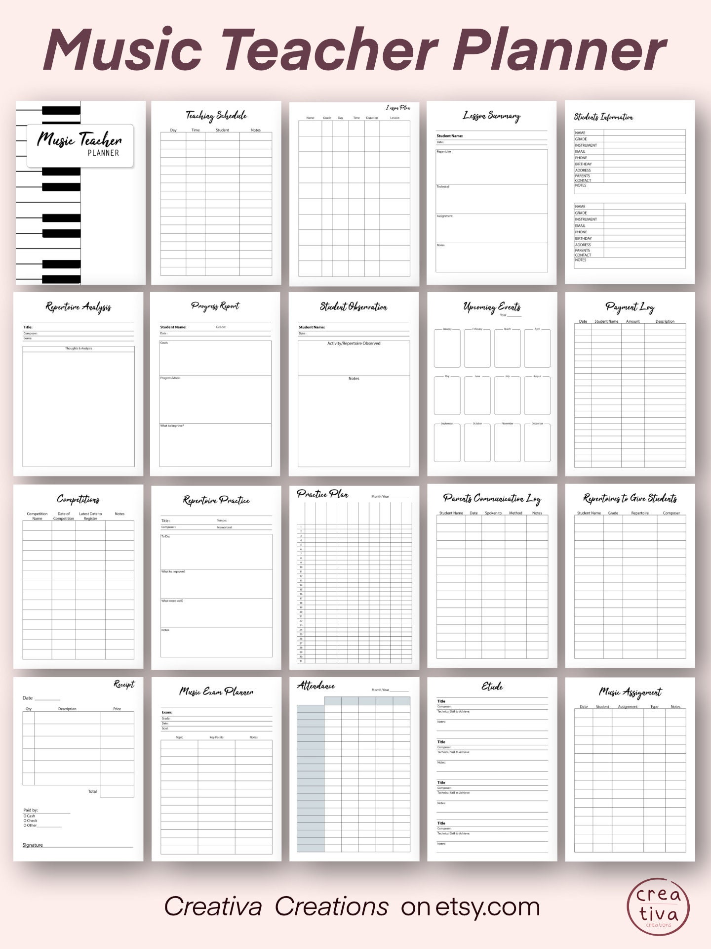 Music Teacher Planner Printable Musician Journal Piano Violin Guitar ...