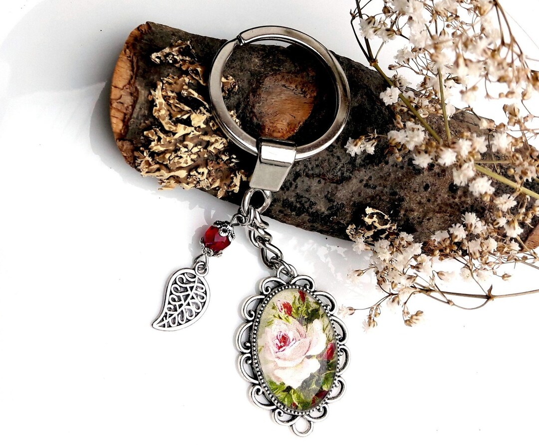 Floral Keychain, Original Feminine Keychain With Rose Motif Cabochon - Etsy