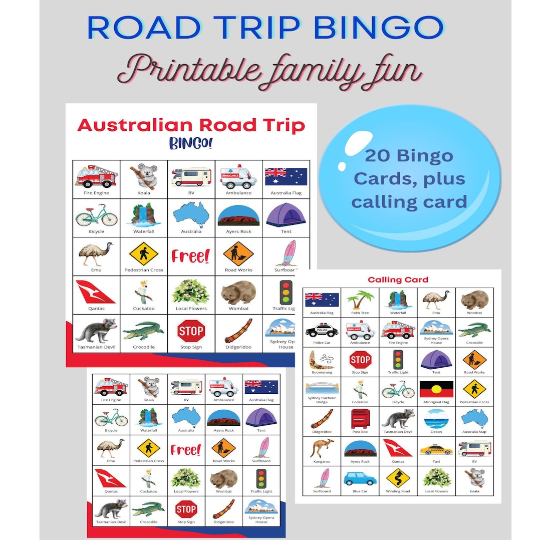 Road Trip Australian Bingo, Travel Bingo, Kids Puzzle Games, Road Trip ...