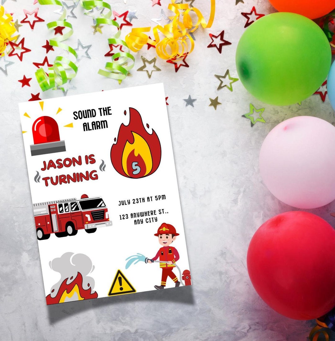 Firefighter Boys Birthday Invitation Template Editable Canva Digital ...