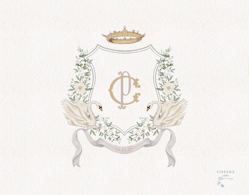Romantic Flowers and Swans Wedding Crest Monogram Crest - Etsy