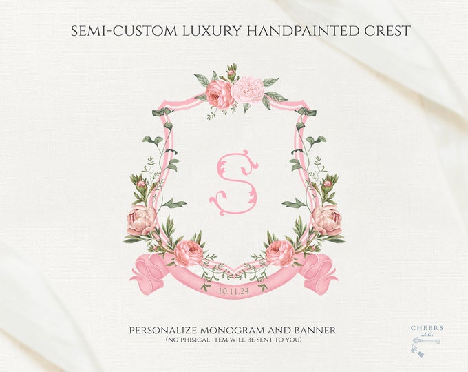 Pink Roses Wedding Crest Monogram Crest Romantic Watercolor Crest ...