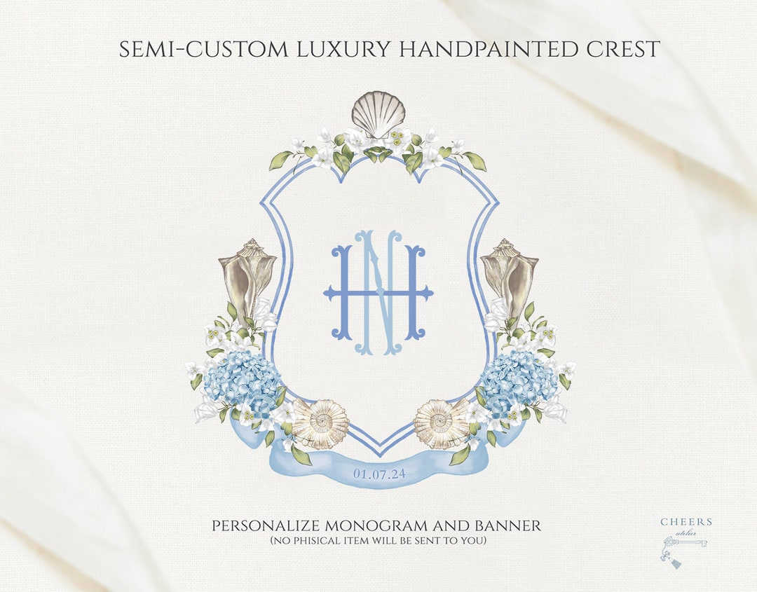 Beach Wedding Crest - Ocean Sea Monogram Crest - Luxury Watercolor ...