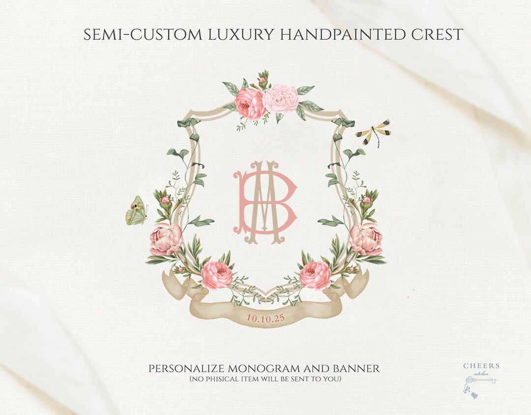 Roses Peonies Wedding Crest - Monogram Crest - Romantic Watercolor ...