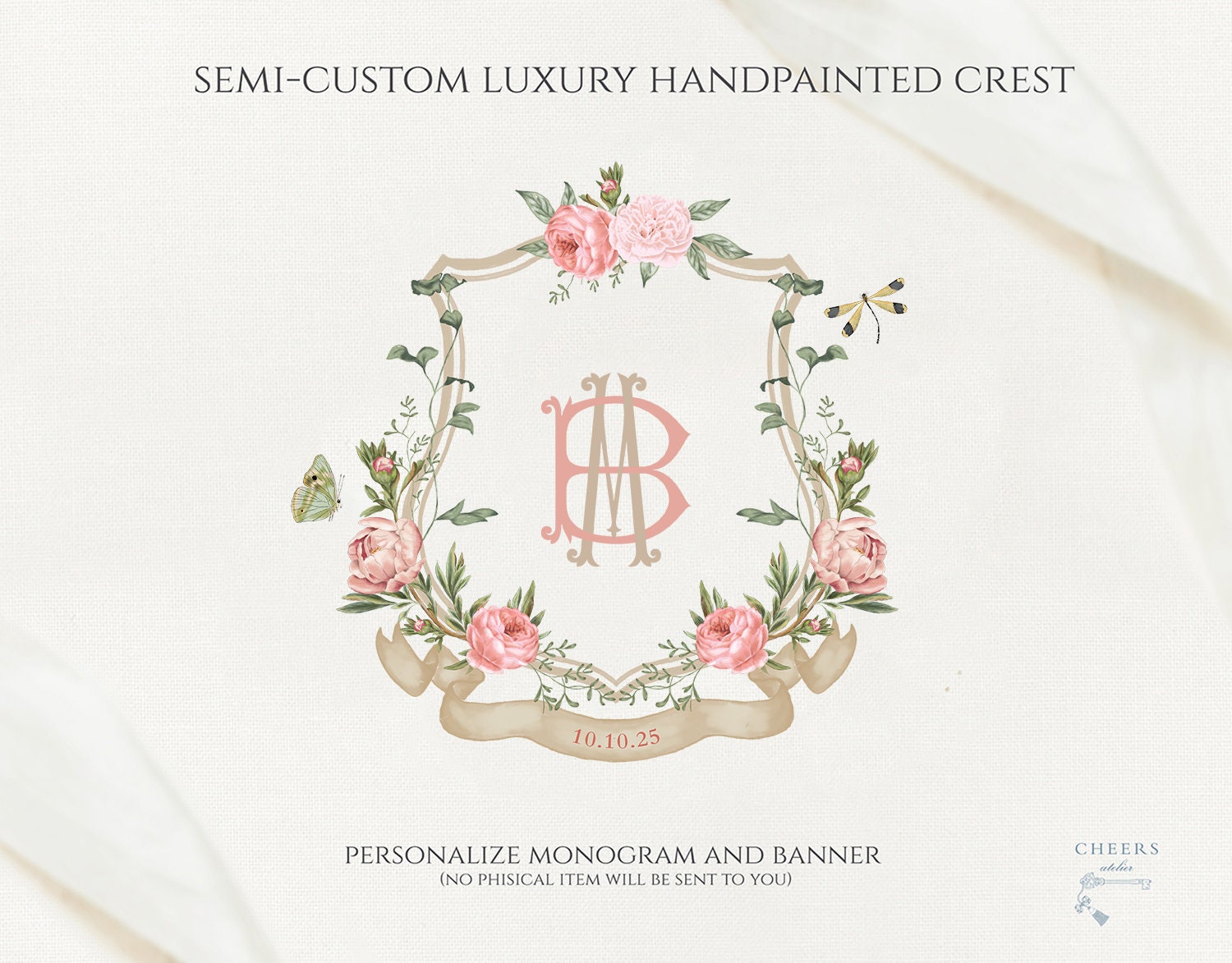 Roses Peonies Wedding Crest Monogram Crest Romantic Watercolor Crest ...