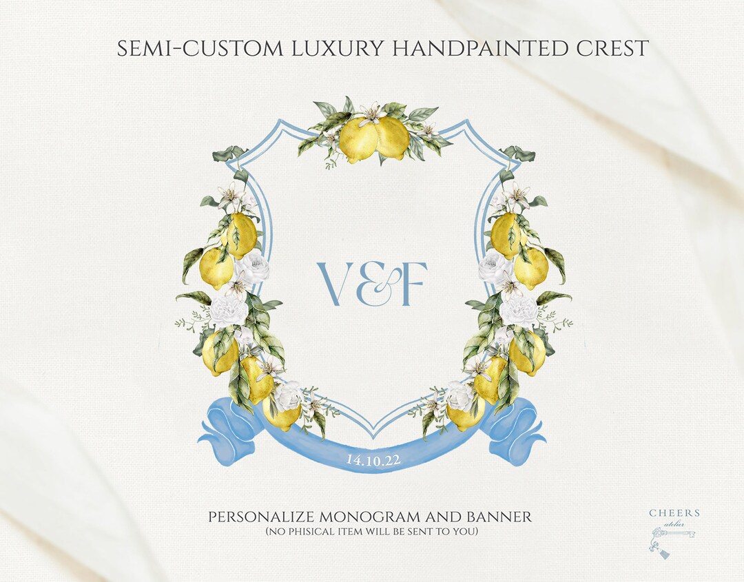 Capri Amalfi Lemons Wedding Crest - Monogram Crest - Luxury Watercolor ...