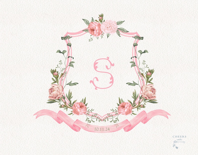 Pink Roses Wedding Crest Monogram Crest Romantic - Etsy