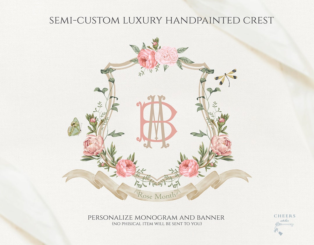 Roses Peonies Wedding Crest Monogram Crest Romantic - Etsy