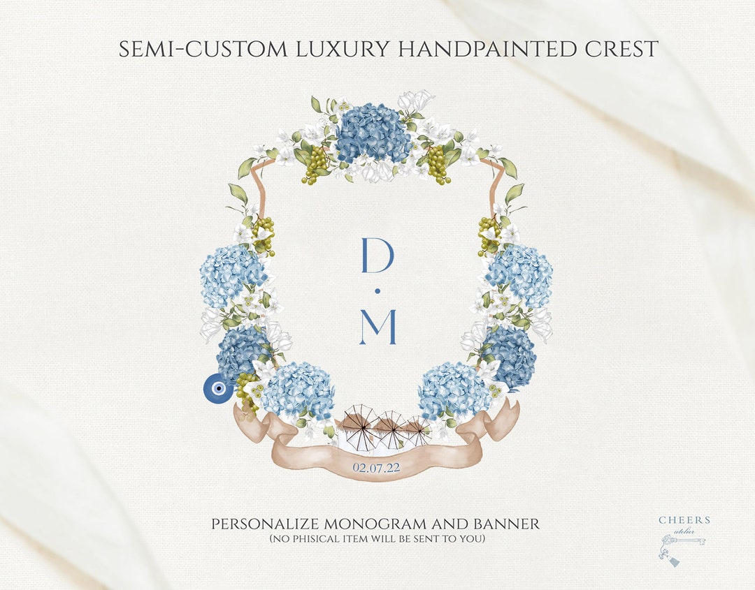Greece Mykonos Wedding Crest - Monogram Crest - Luxury Watercolor Crest ...