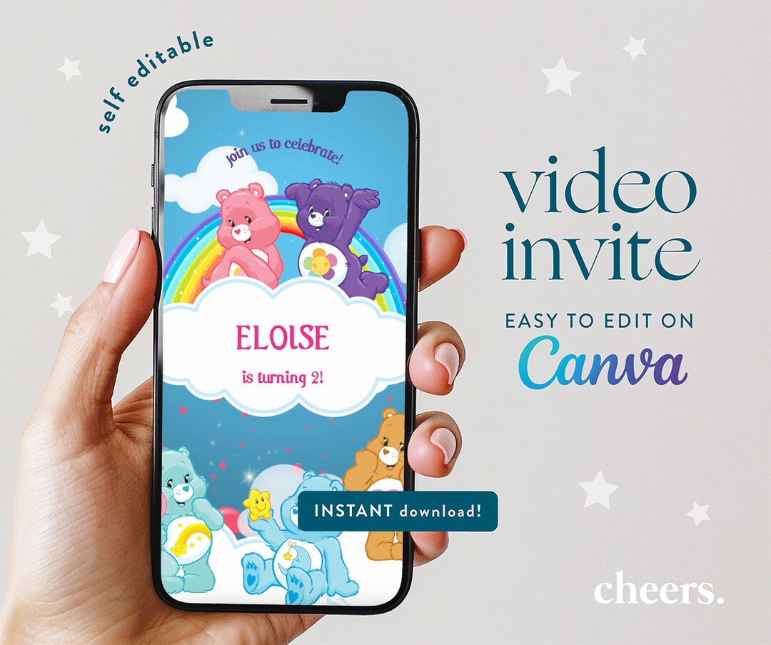 Care Bears SELF EDITABLE Video Invitation - Canva Template - Care Bears ...