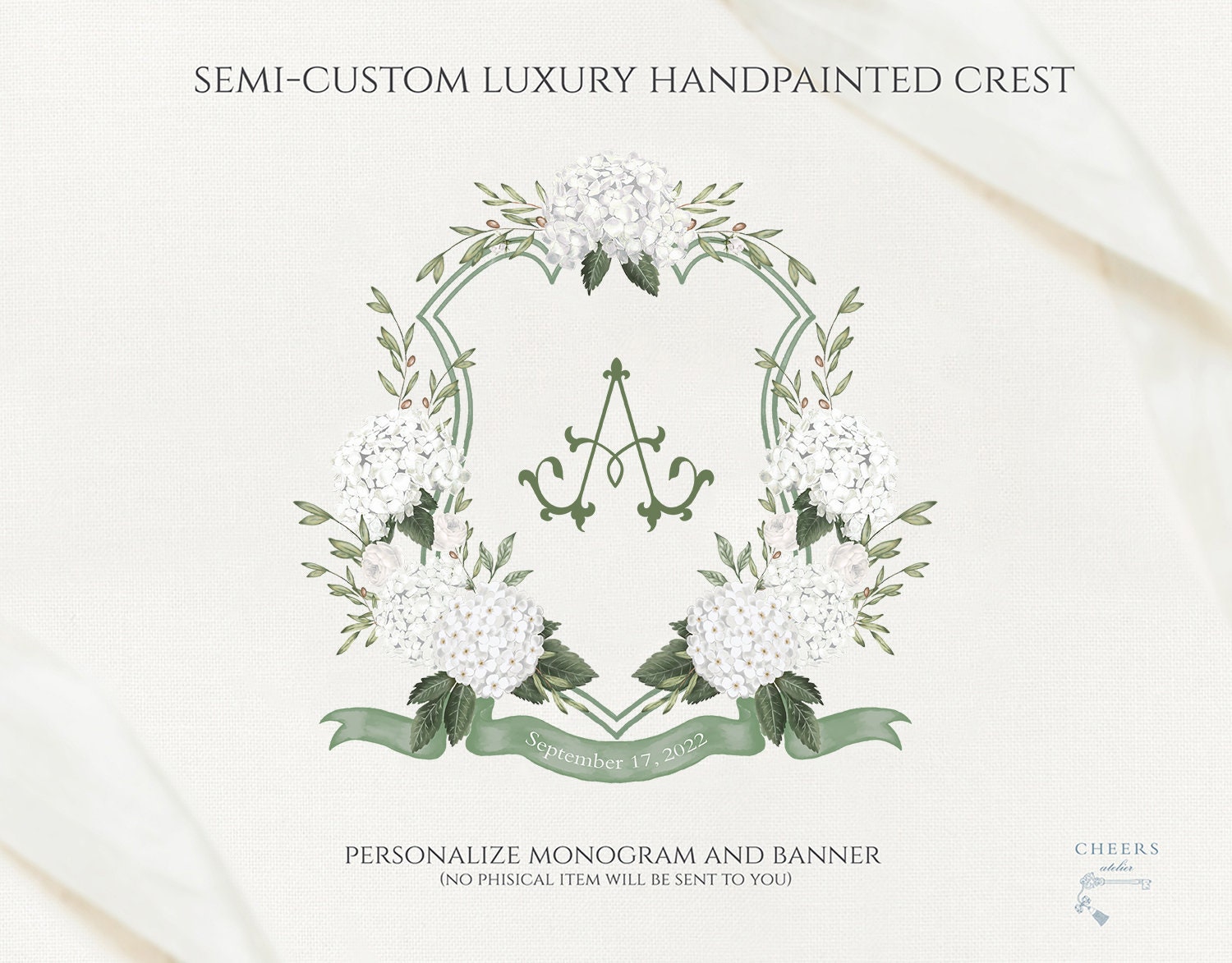 Green and White Flowers Wedding Crest Monogram Crest Luxury Watercolor ...