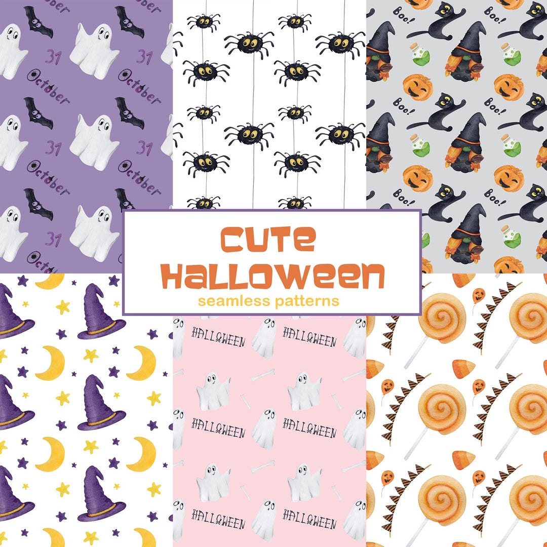 Halloween Watercolor Seamless Pattern Pack – Cute Pumpkins & Ghosts ...
