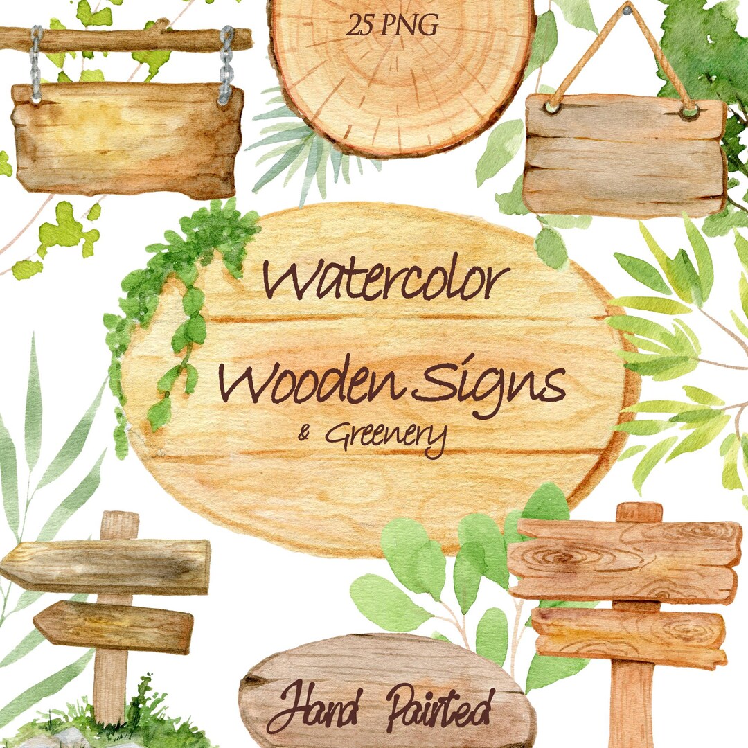 Watercolor Wooden Signs Clipart Bundle – Rustic Wood Slices, Hanging ...