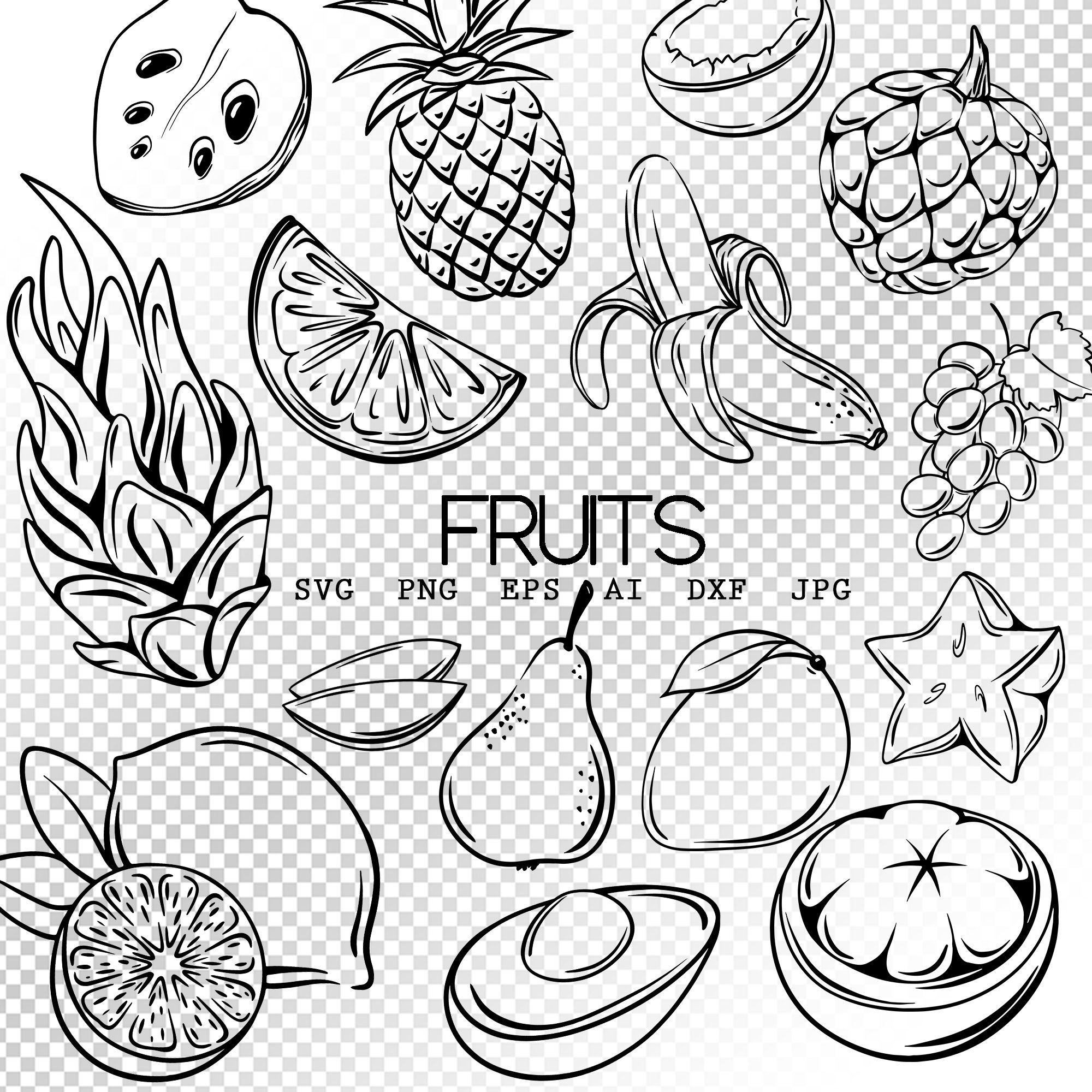 Fruit SVG Bundles Cut Files, Tropical Fruit SVG Line Art, Coconut Svg ...