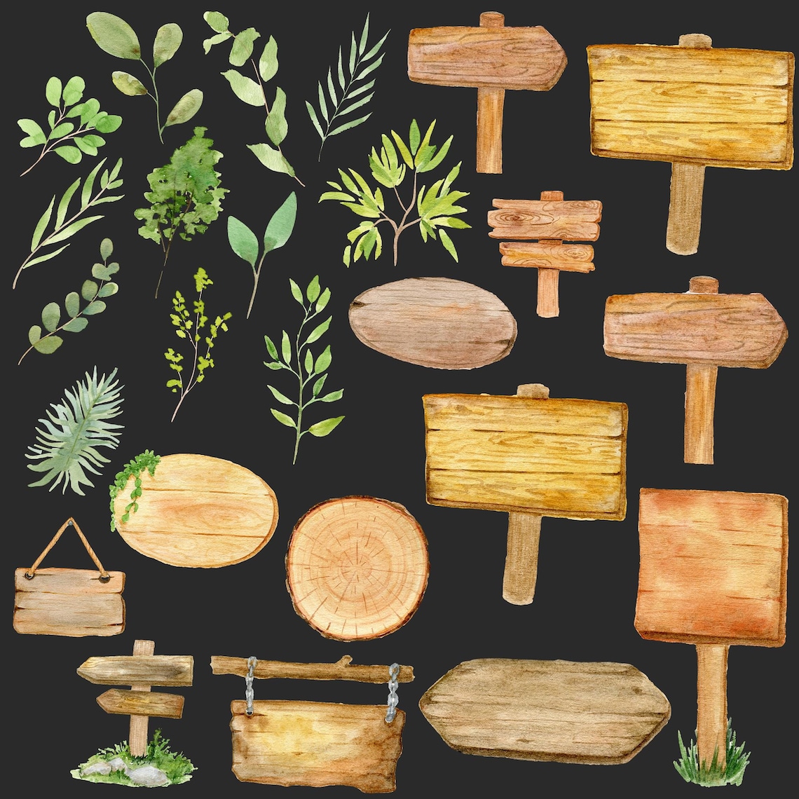 Watercolor Wooden Signs Clipart Bundle – Rustic Wood Slices, Hanging ...