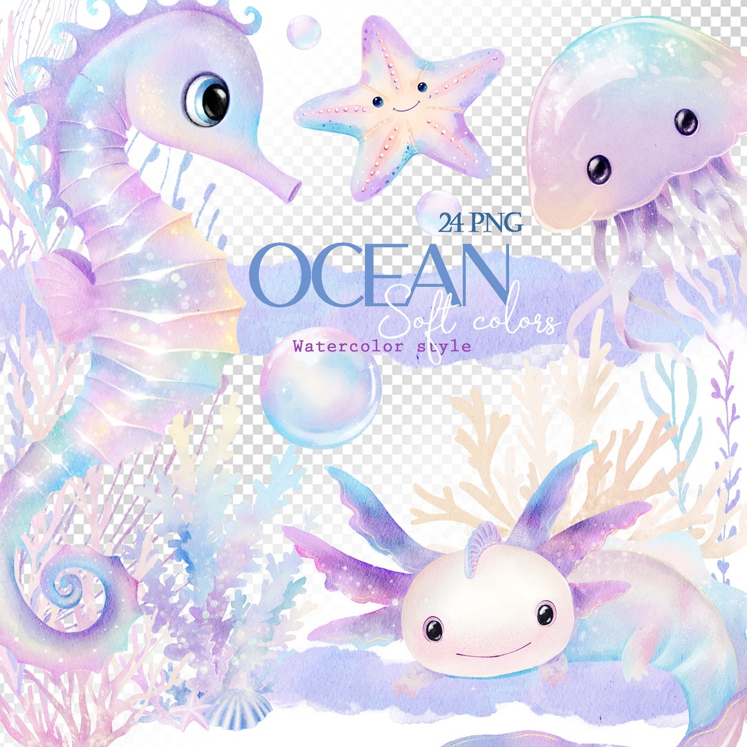 Cute Watercolor Undersea Clipart 2, Magic Lavender Ocean Animals Png ...