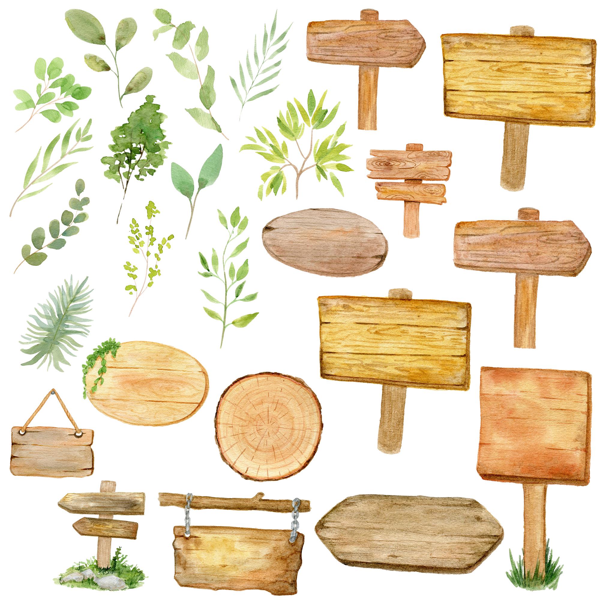 Watercolor Wooden Signs Clipart Bundle – Rustic Wood Slices, Hanging ...