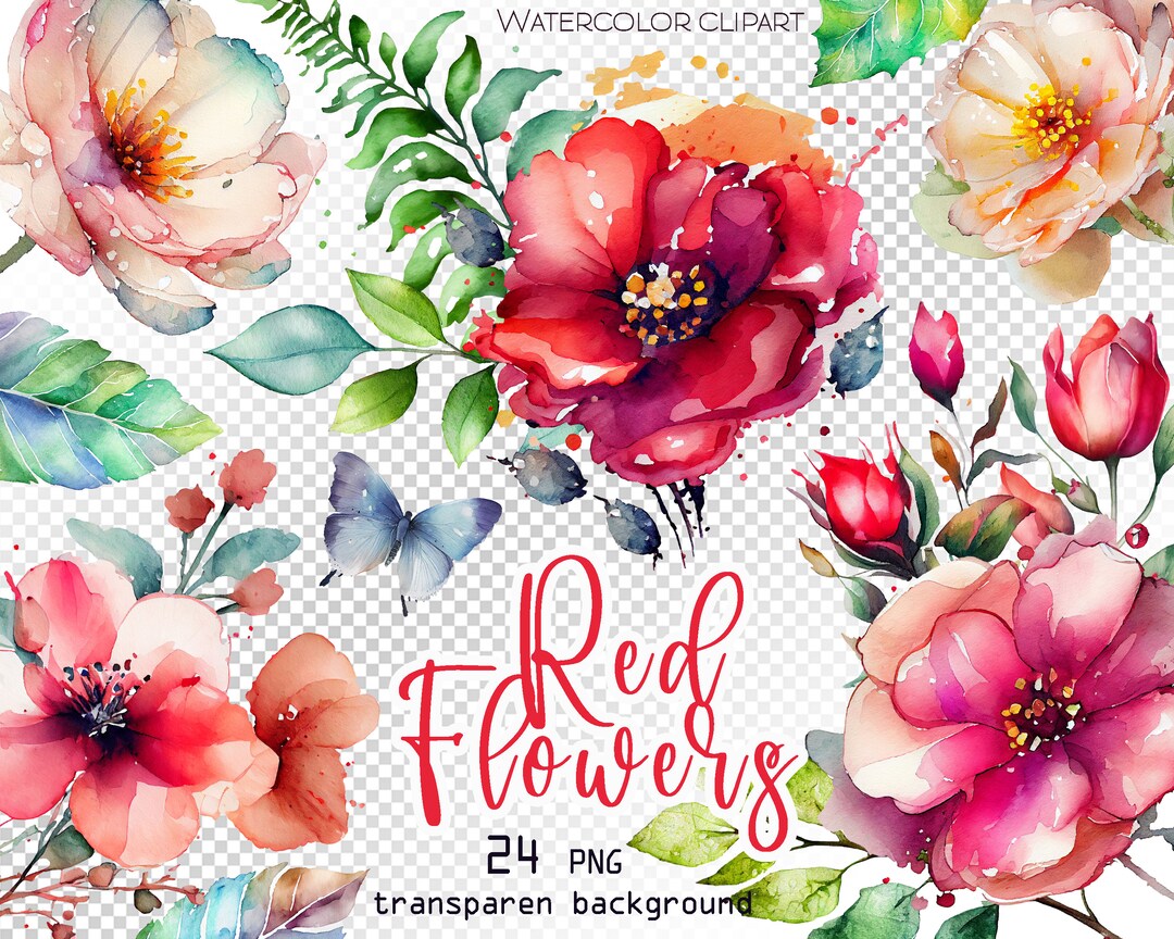 Watercolor Red Flower Clipart Set. Digital Flowers Clip Art. Instant ...