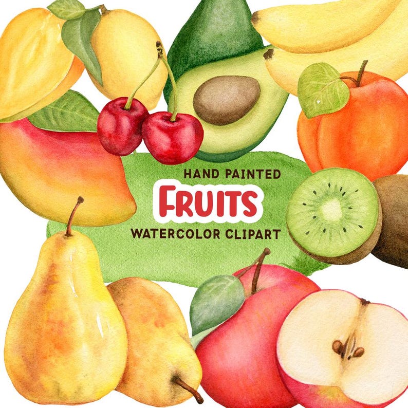 Watercolor Fruits Clipart, Fruit PNG Set, Pear Lemon Apple Banana ...