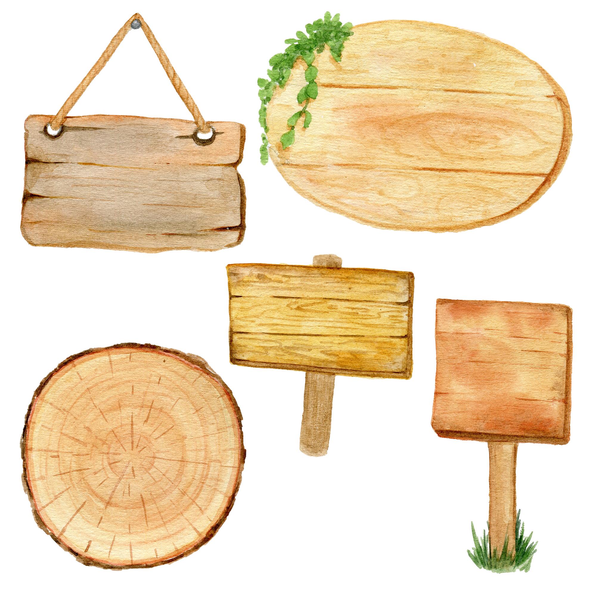 Watercolor Wooden Signs Clipart Bundle – Rustic Wood Slices, Hanging ...