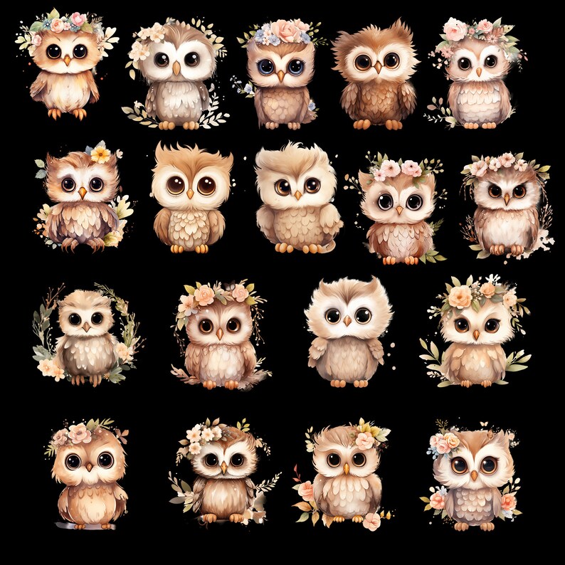 Watercolor Owls Clipart PNG in Boho Style Woodland Animal - Etsy