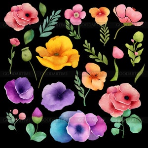 Colorful Floral Clipart Set: Flowers, Leaves. Digital Summer Flowers ...